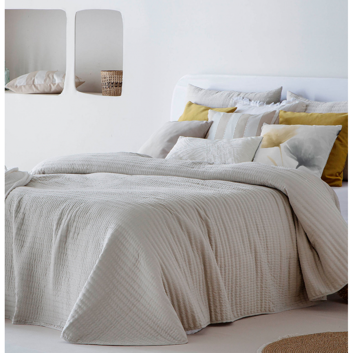 Linette Plain Double Bed Bedspread Linen Beige | Superdecor